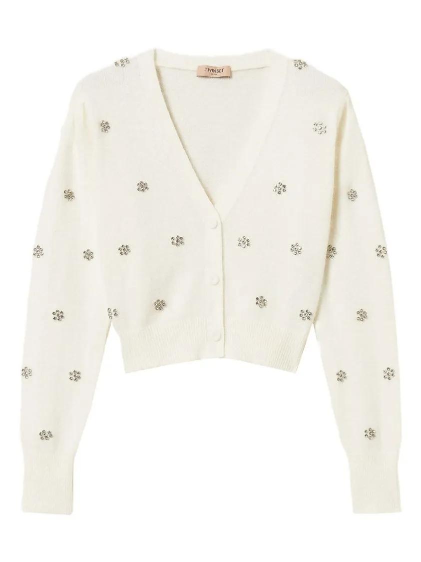 Twin-Set Cropped Cardigan With Fluffy Texture And Sparkling White | Vest