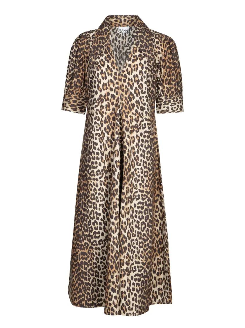 GANNI Leopard Print Midi Dress With Short Sleeves Brown | Midikleid