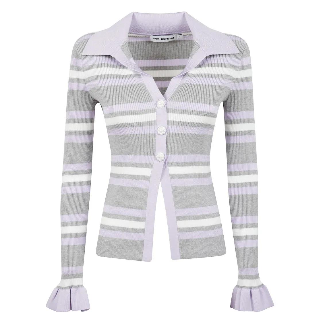 Self Portrait Pointed Collar Cardigan With Flared Cuffs White | Strickjacke