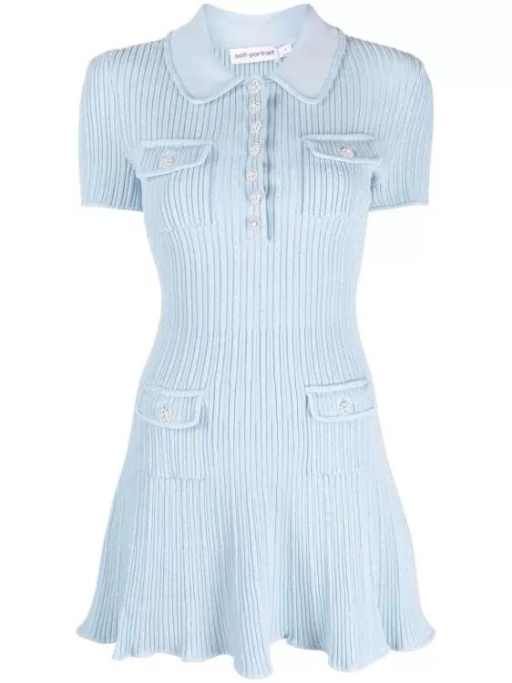 Self Portrait Sequin-Embellished Ribbed-Knit Minidress Blue