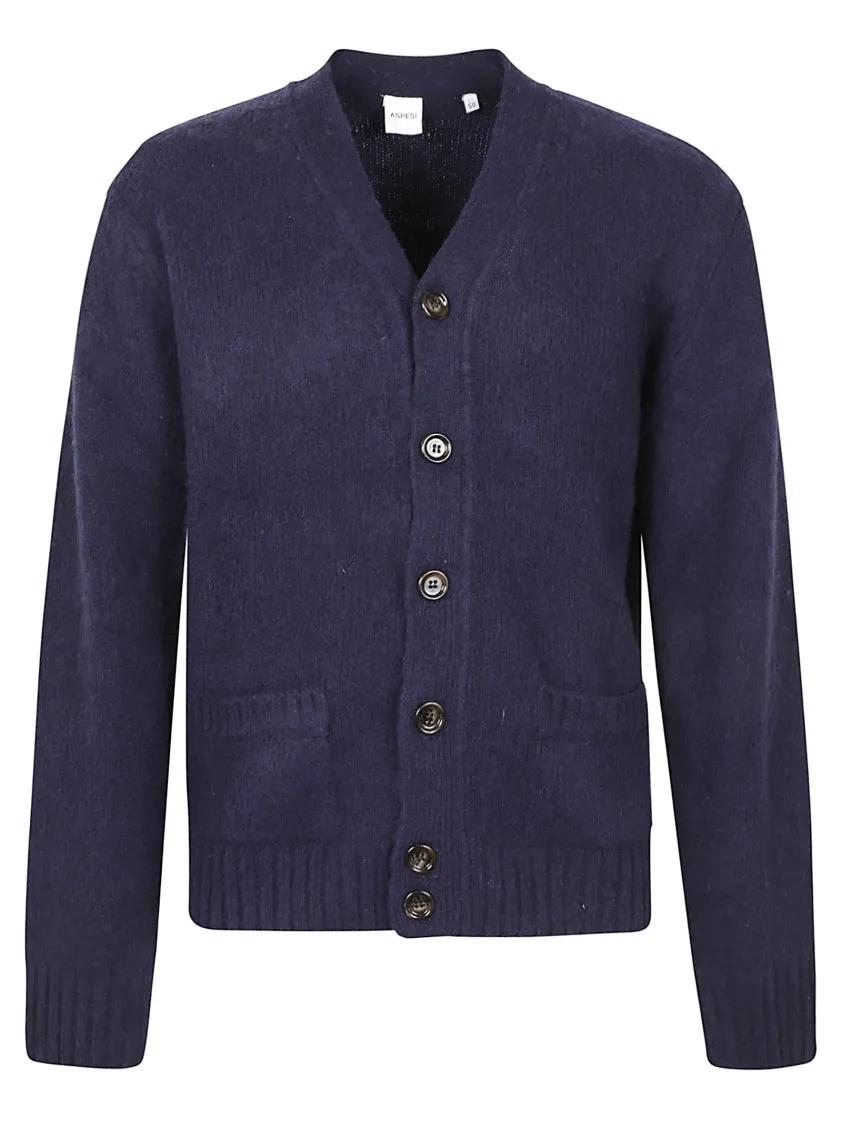 Aspesi Navy Wool Cardigan With Button Fastening And Ribbe Blue ...