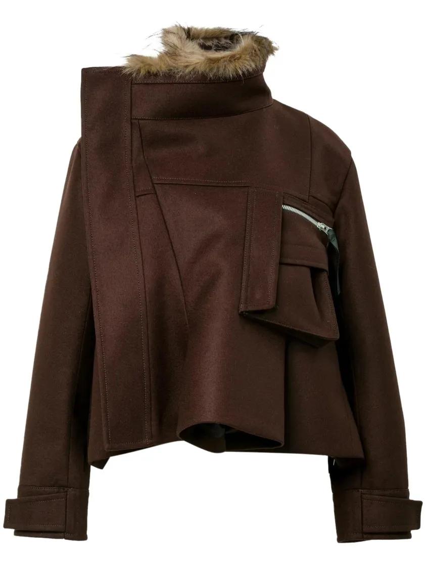 Sacai Wool Melton Blouson Jacket With Ribbed Details Brown | Overgangsjas