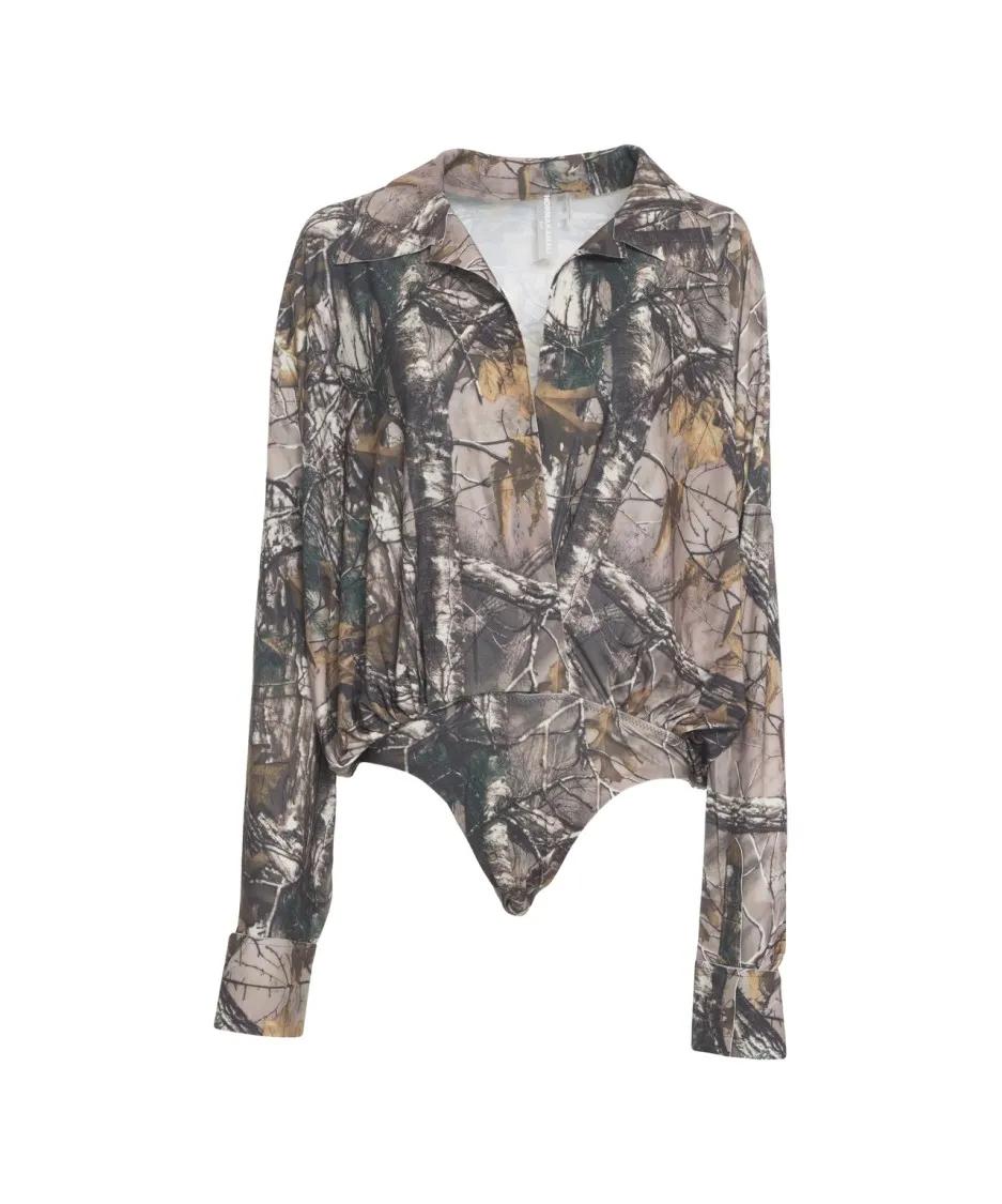 Norma Kamali Camouflage-Inspired Long-Sleeved Top With Deep V-N Grey ...