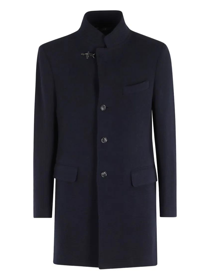 Fay Tailored Black Coat With High Mandarin Collar And Black