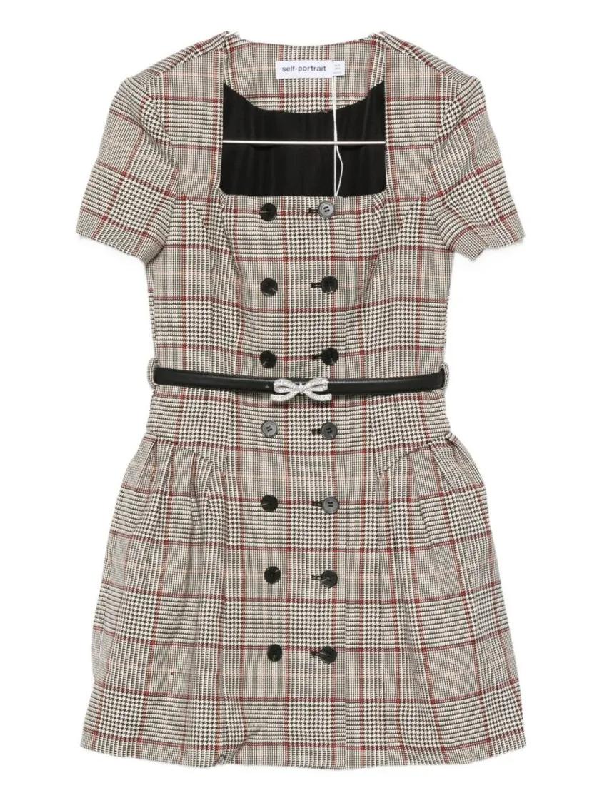 Self Portrait Brown Check Short Sleeve Mini Dress Brown | Minikleid