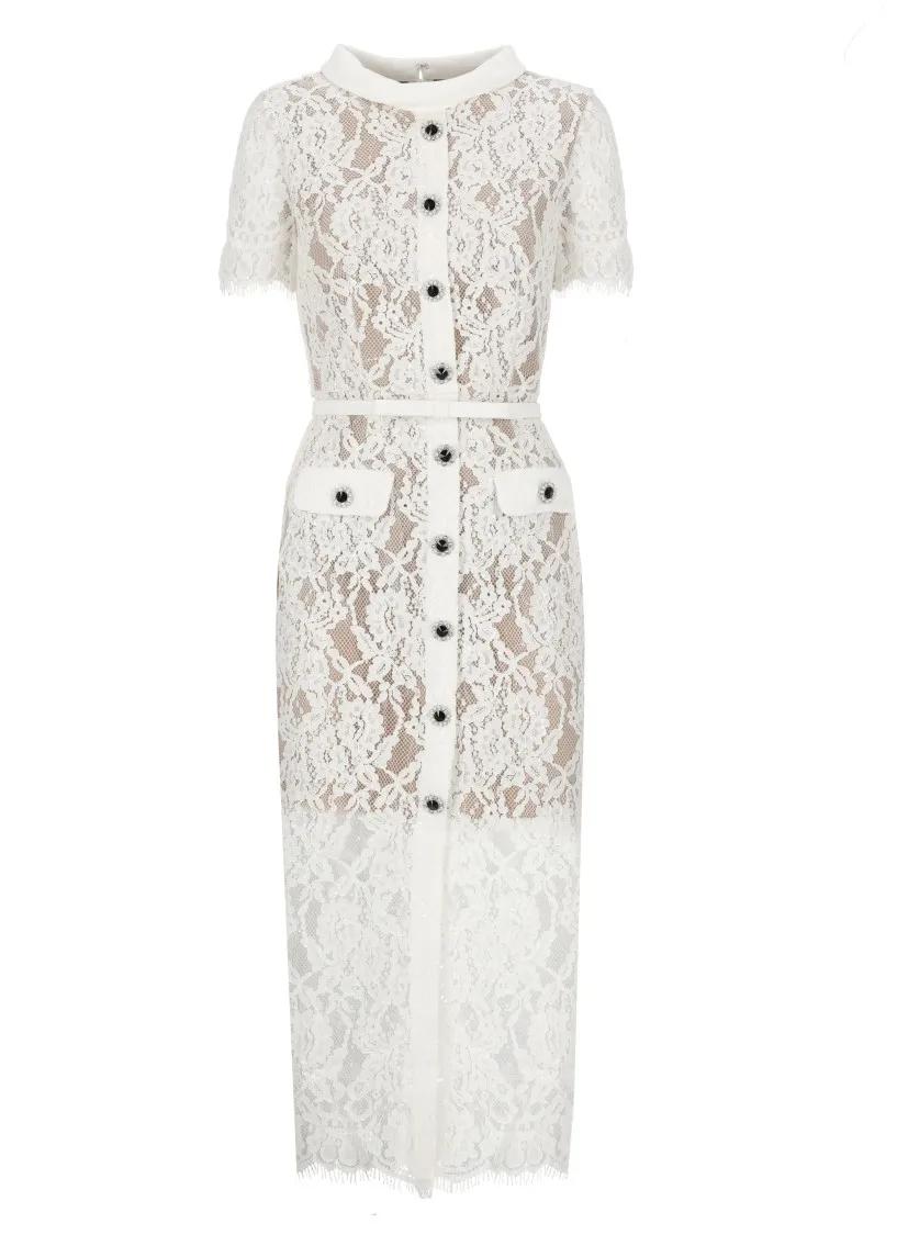 Self Portrait Lace Button Midi Dress White | Midi-Kleider