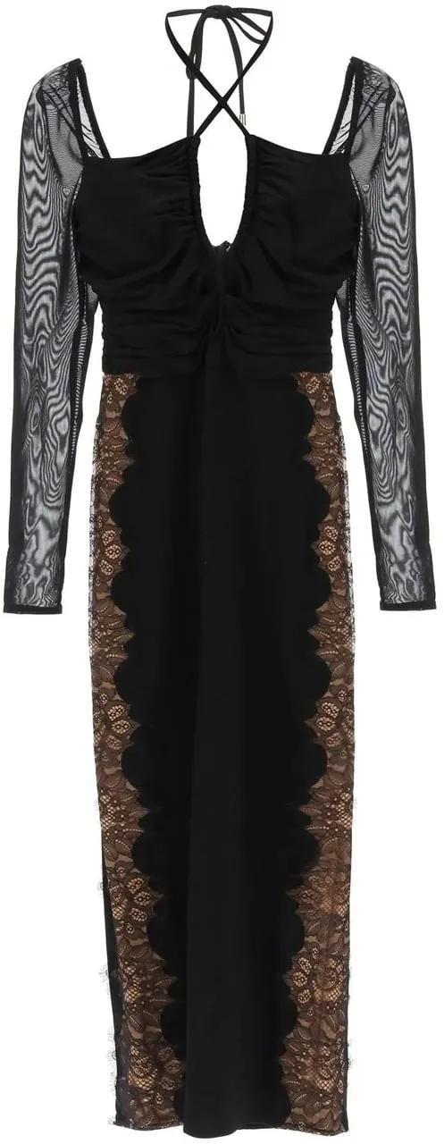 Self Portrait Lace Trim Midi Dress With Sheer Sleeves Black | Midikleid