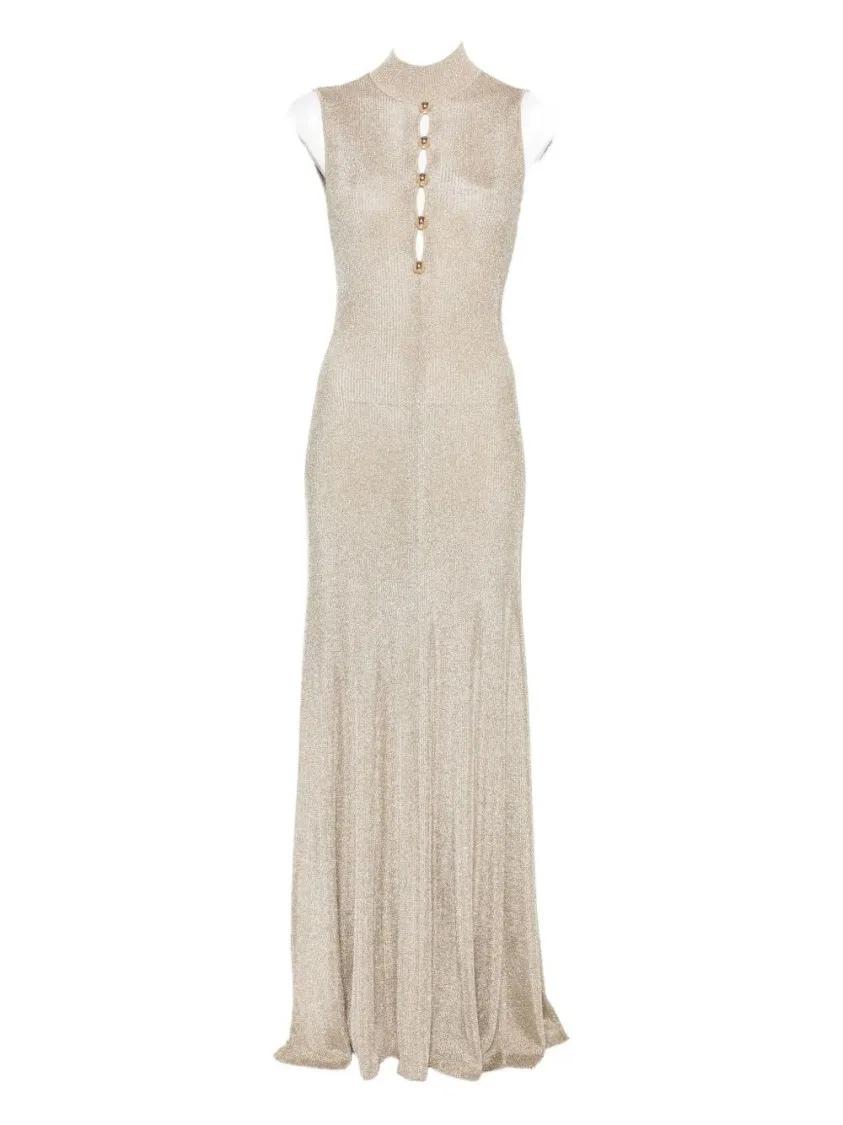 Self Portrait Maxi Dress In Shimmering Gold Viscose Blend Grey