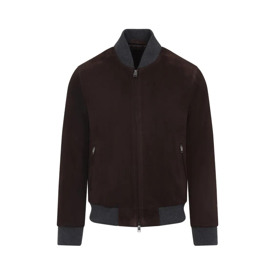 Brioni Suede Leather Bomber Jacket With Ribbed Cuffs Brown | Bomberjacke
