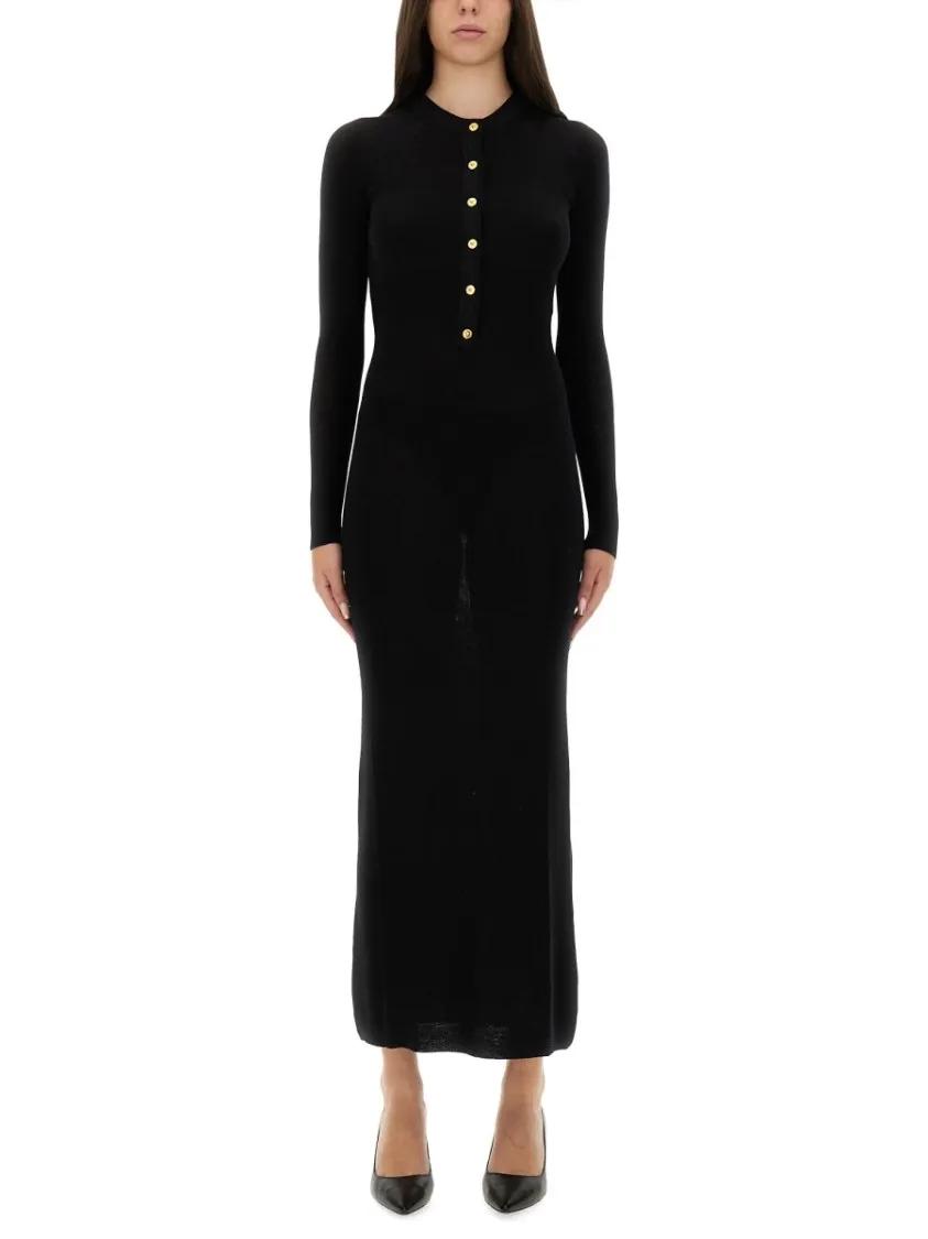 Versace Long Fitted Wool Dress With Gold-Tone Button Black