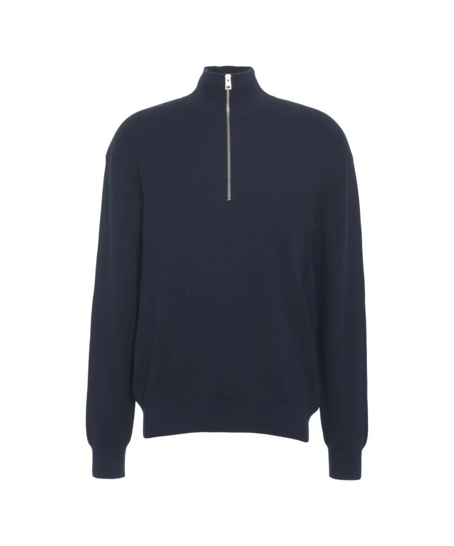 Closed Ribbed Knit Sweater With High Collar And Half-Zip Black | Trui