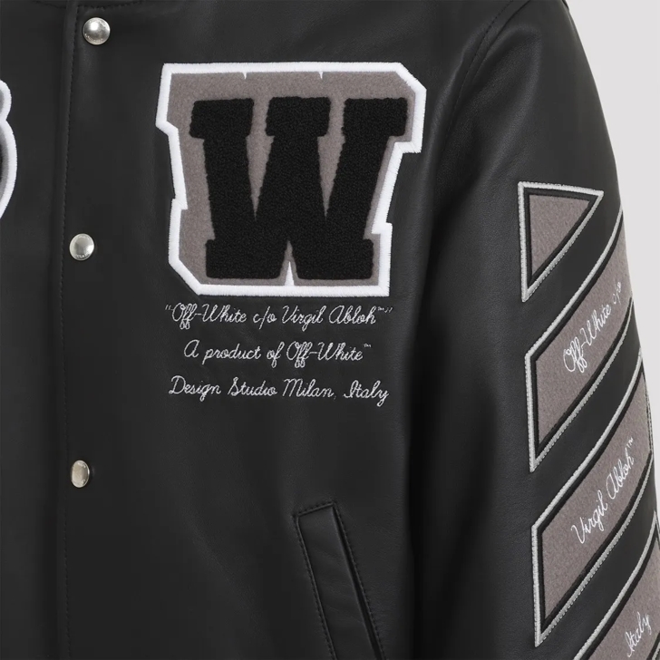 Off White Full Leather Varsity Jacket Black Lederjacken