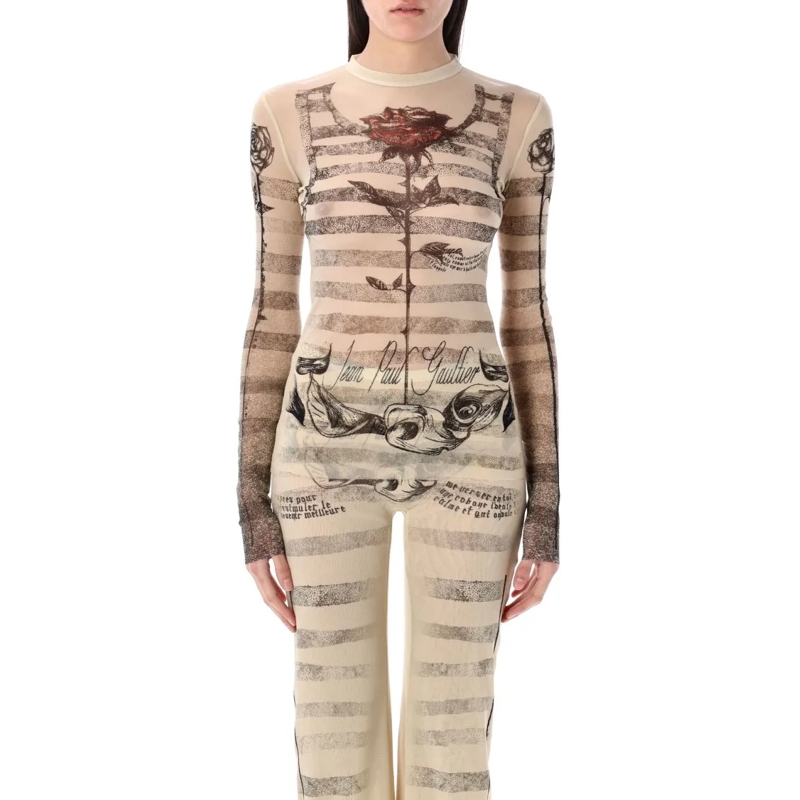 Jean Paul Gaultier Mesh Ls Sleeve Tatoo Marinier Top Neutrals ...