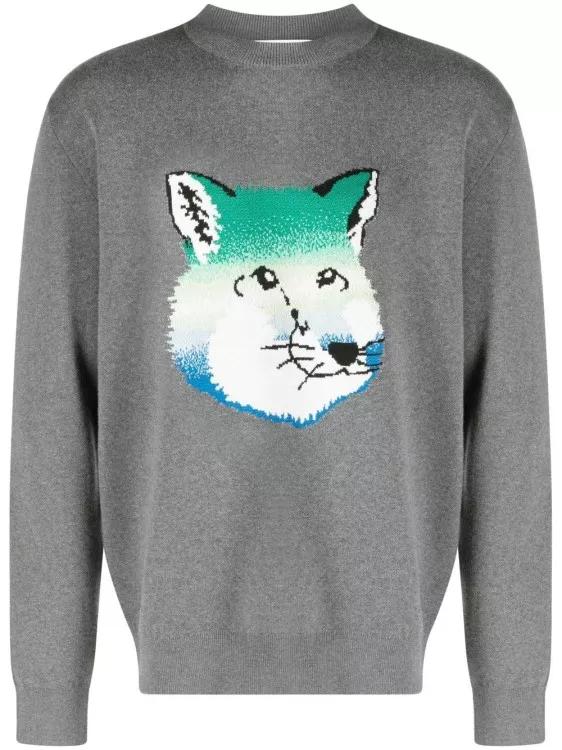 Maison Kitsune Dark Grey Vibrant Fox Head Intarsia Pullover Grey | Pullover