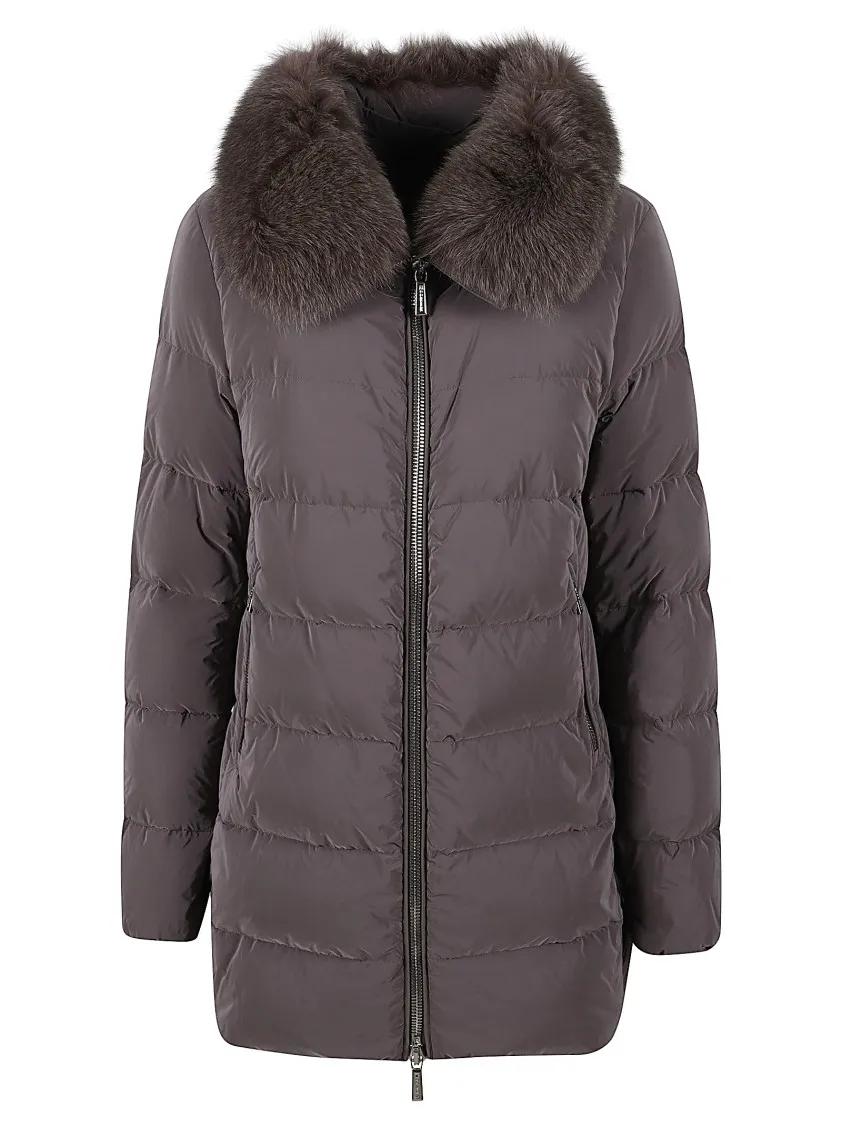 Moorer Trapeze-Line Down Jacket With Detachable Fox Fur C Brown