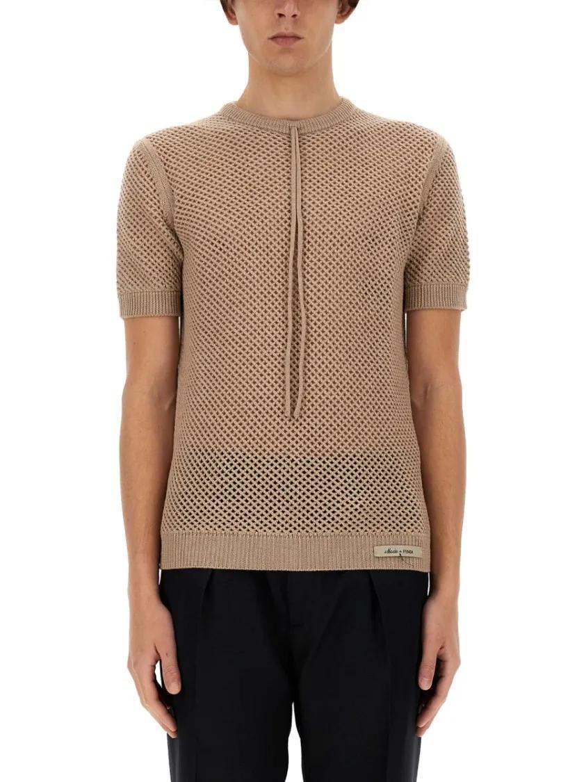 Fendi Open-Knit Wool Jersey Top Brown | T-shirt