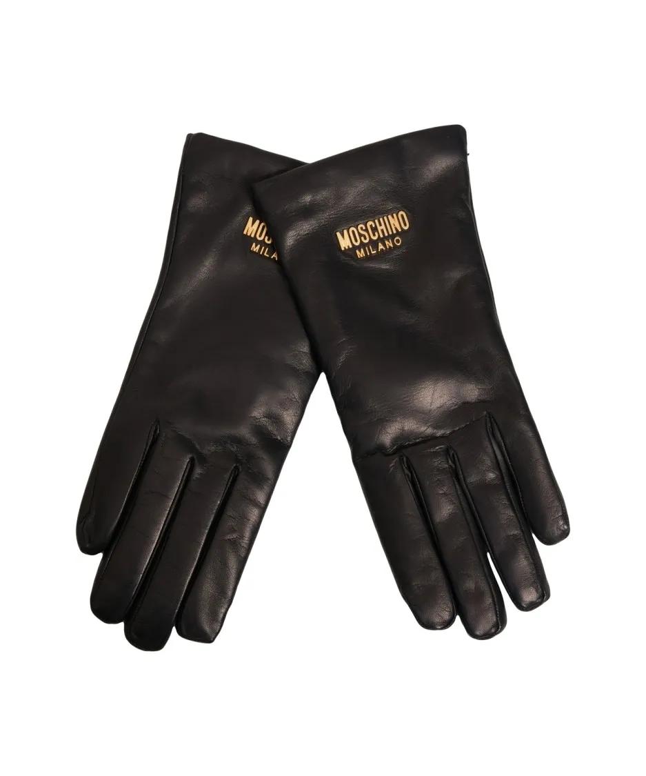 Moschino Leather Gloves With Prominent Logo Detail Black | Handschoenen