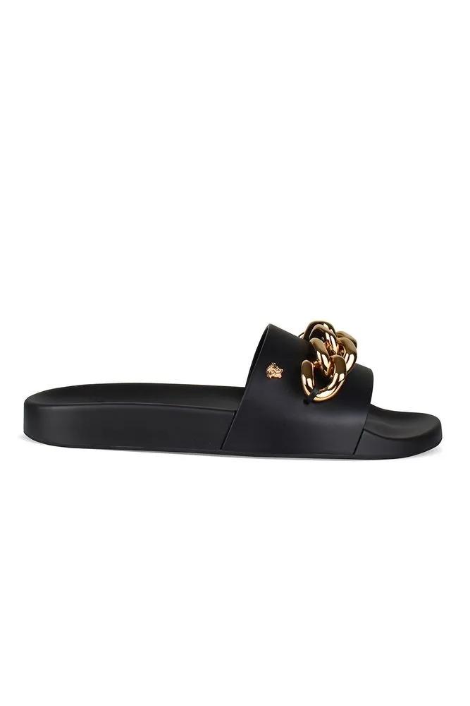 Versace Black Leather Slides With Gold-Tone Chain Black | Ballerinas