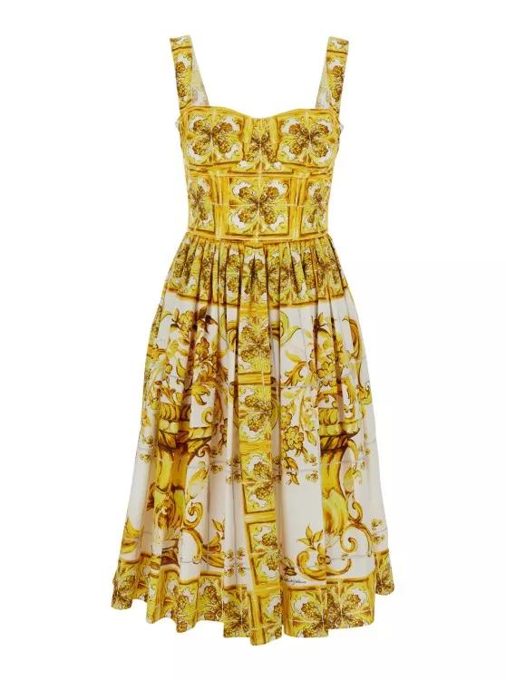 Dolce&Gabbana Long Sleeveless Dress Tris Maioliche Yellow