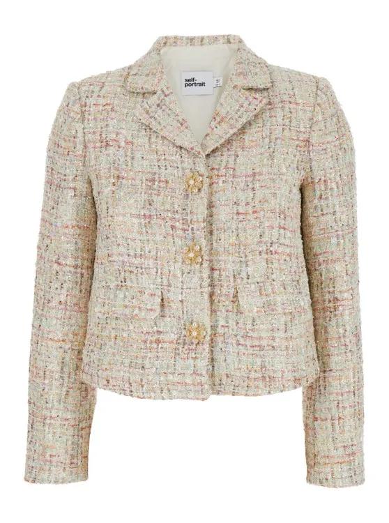 Self Portrait Multicolor Crop Jacket With Jewel Buttons In Tweed Neutrals