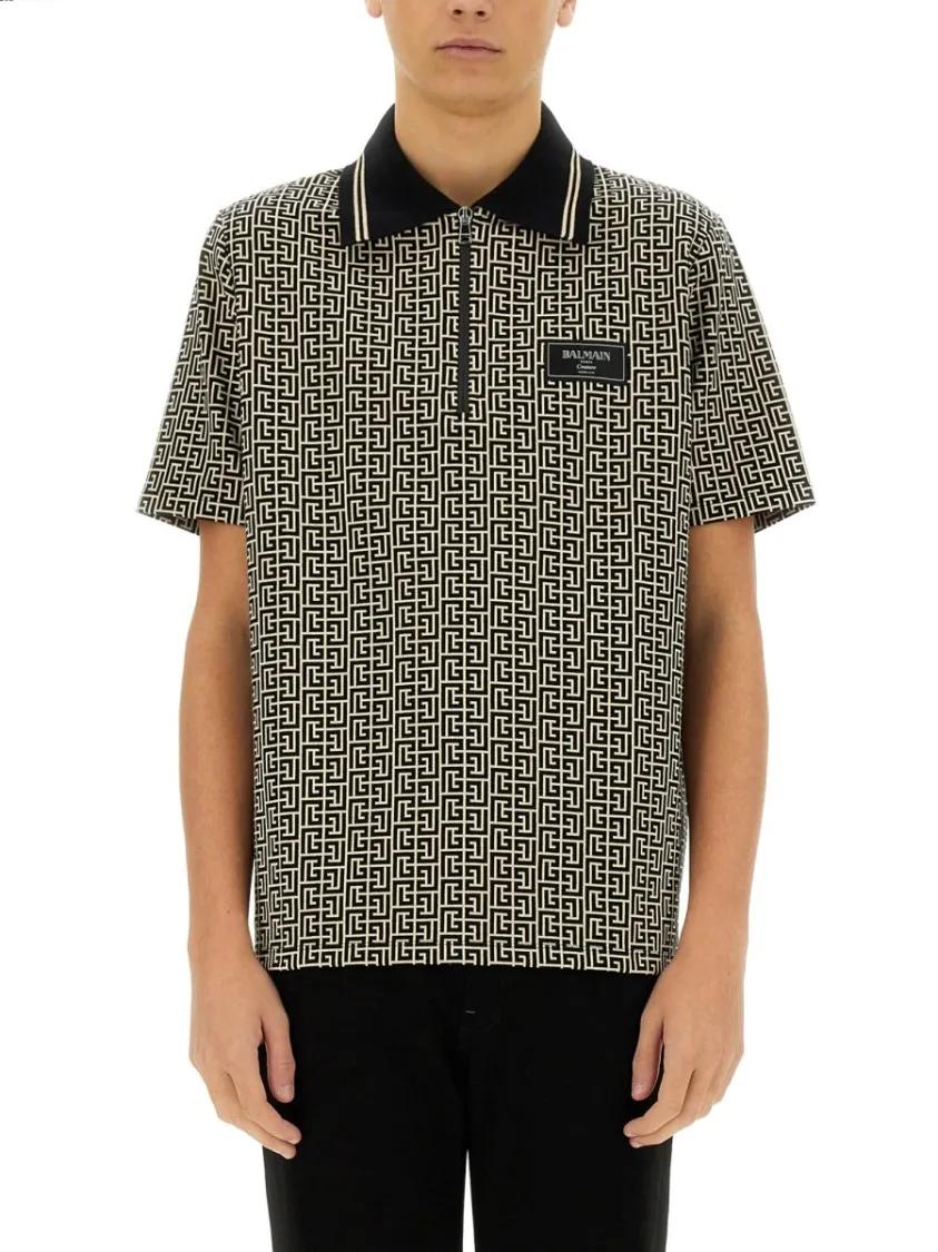 Balmain Geometric Monogram Pattern Polo Shirt Black | Polohemd