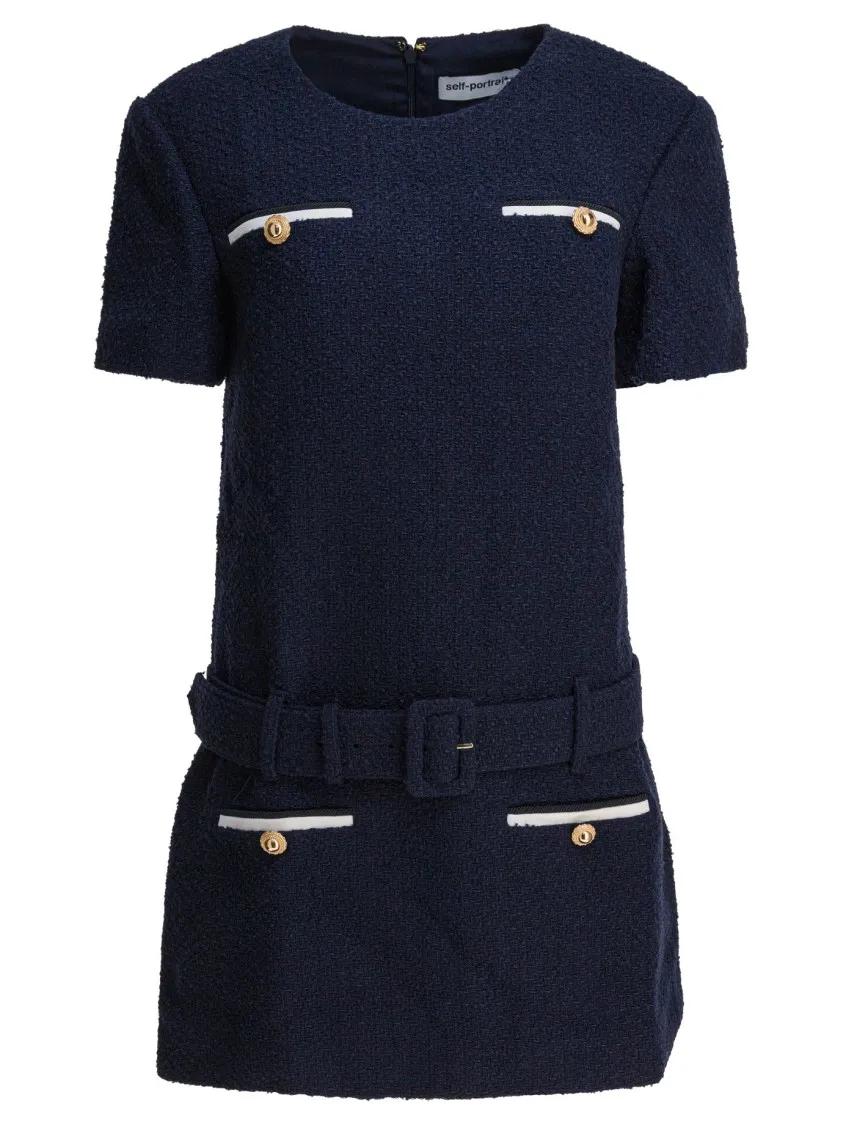 Self Portrait Navy Boucle Mini Dress Blue | Minikleid