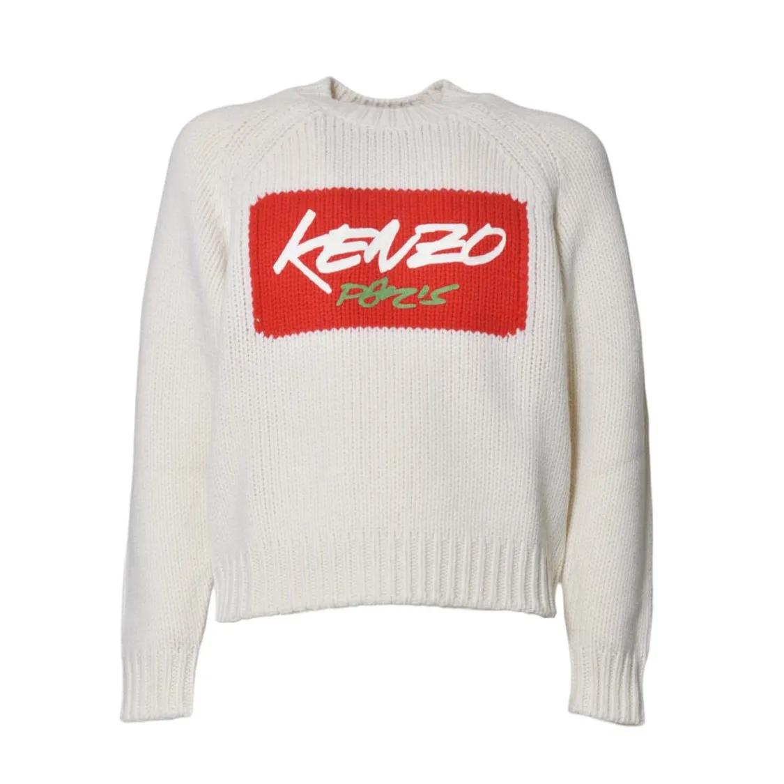 Kenzo Chunky Knit Jumper With Bold Rectangular Patch White | Pullover