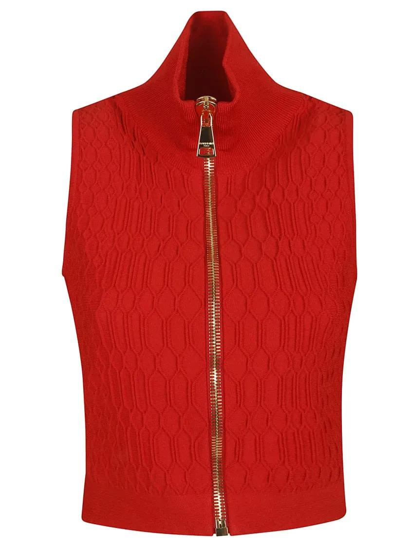 Balmain Crocodile-Effect Fitted Top With High Neck Red | Blouse
