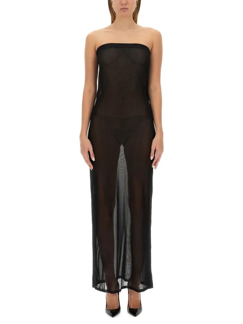 Saint Laurent Sheer Strapless Maxi Dress With Straight Neckline Black