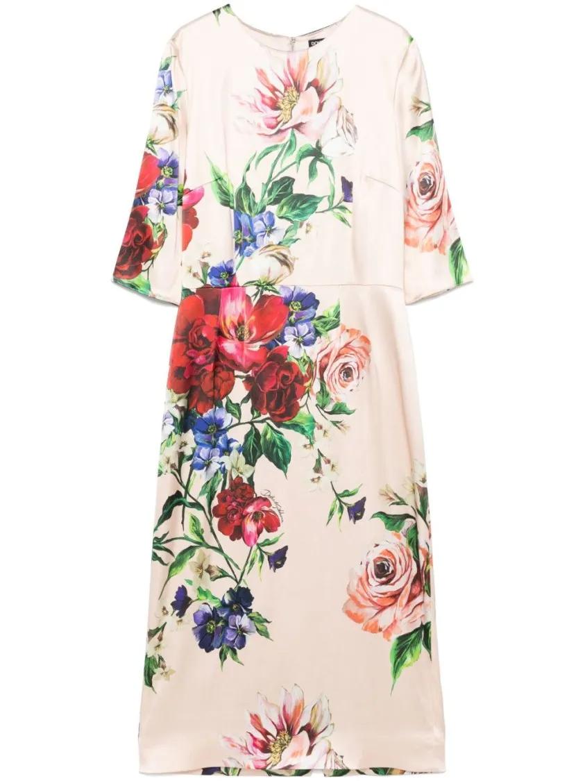 Dolce&Gabbana Floral Midi Dress With Three-Quarter Sleeves Neutrals