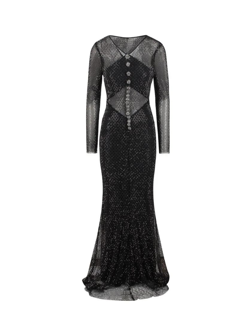 Self Portrait Rhinestone Fishnet Crossover Maxi Dress Black