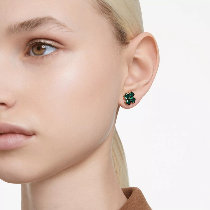 Swarovski Idyllia stud earrings Clover Gold tone plated Green Ohrstecker