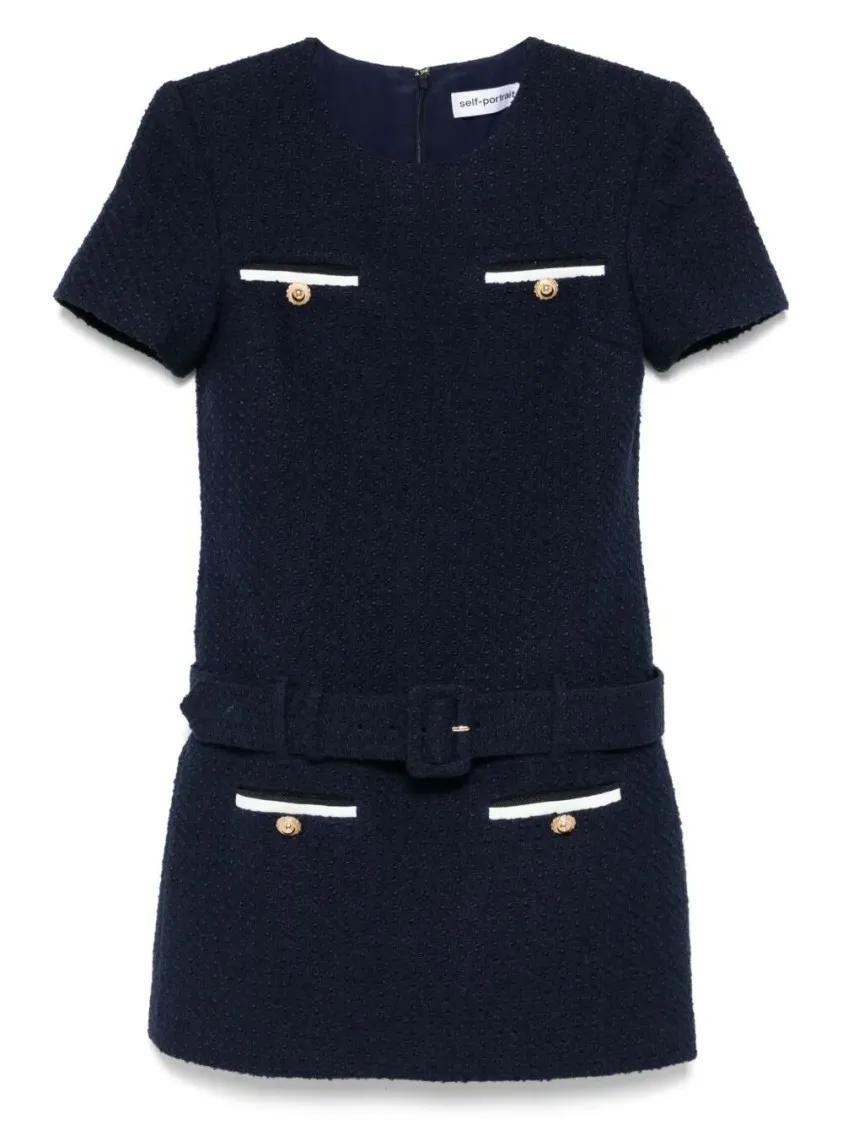 Self Portrait Textured Boucle Mini Dress Blue | Minikleid